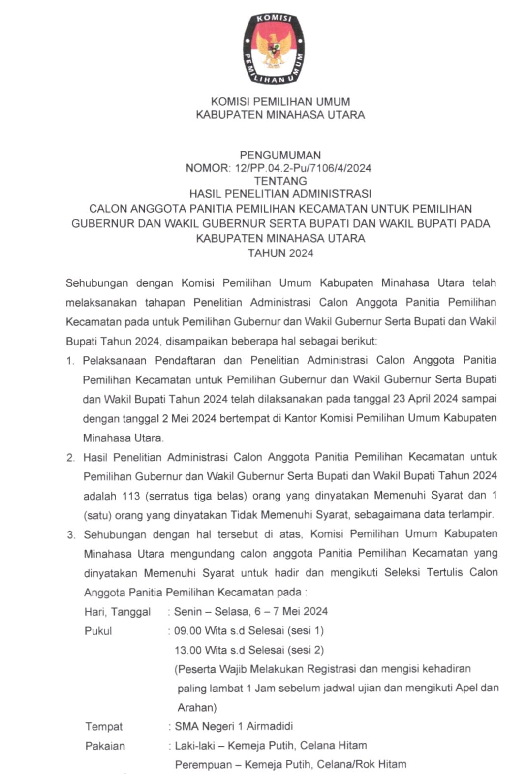 KPU Minut Umumkan Hasil Penelitian Administrasi Calon PPK di Pilkada ... KPU Minut Umumkan Hasil Penelitian Administrasi Calon PPK di Pilkada ...